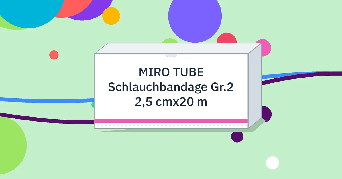 Symbolbild: Packung mit der Aufschrift MIRO TUBE Schlauchbandage Gr.2 2,5 cmx20 m (PZN 06855464) – Verfügbarkeit und Bezug in Apotheken in Frankfurt am Main