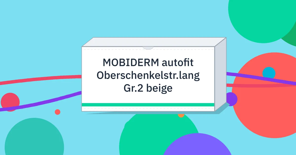Symbolbild: Packung mit der Aufschrift MOBIDERM autofit Oberschenkelstr.lang Gr.2 beige (PZN 13970131) – Verfügbarkeit und Bezug in Apotheken in Frankfurt am Main