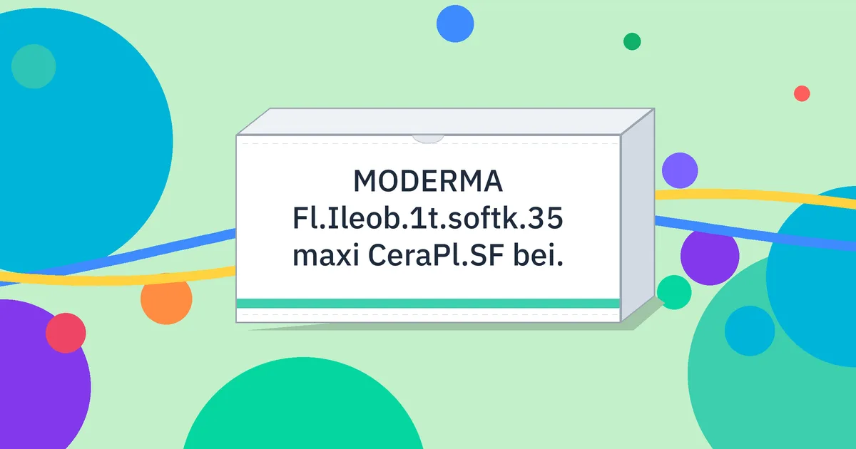 Symbolbild: Packung mit der Aufschrift MODERMA Fl.Ileob.1t.softk.35 maxi CeraPl.SF bei. (PZN 18109045) – Verfügbarkeit und Bezug in Apotheken in Frankfurt am Main