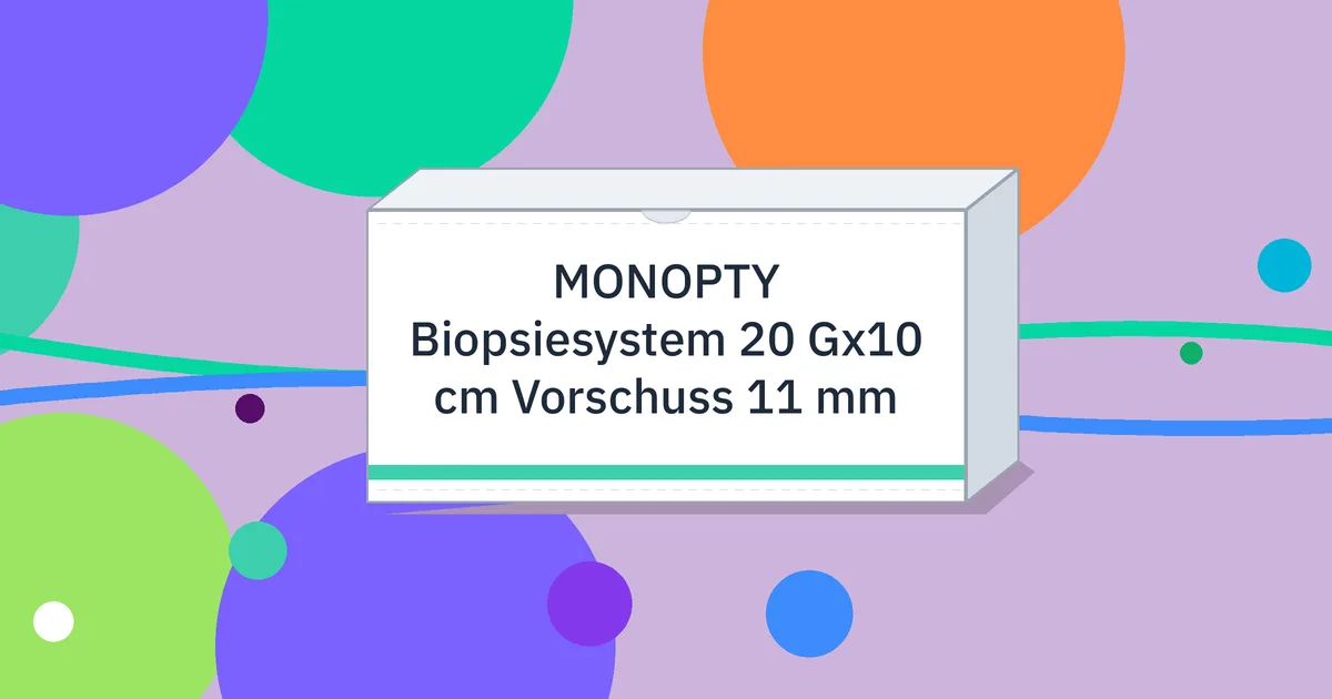 Symbolbild: Packung mit der Aufschrift MONOPTY Biopsiesystem 20 Gx10 cm Vorschuss 11 mm (PZN 03476387) – Verfügbarkeit und Bezug in Apotheken in Frankfurt am Main