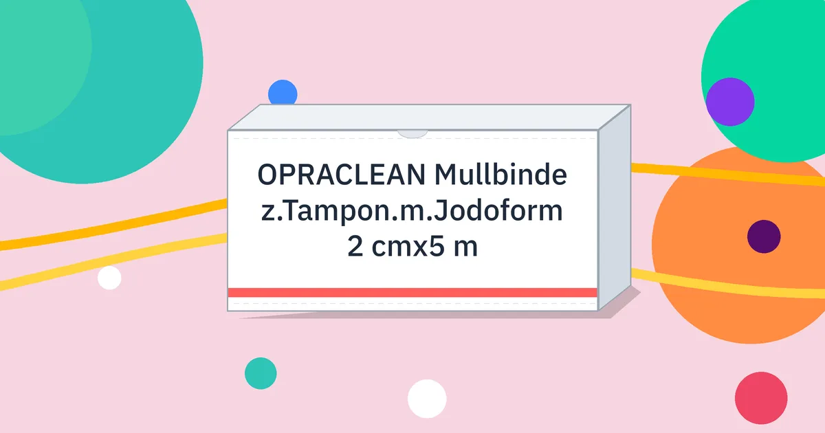 Symbolbild: Packung mit der Aufschrift OPRACLEAN Mullbinde z.Tampon.m.Jodoform 2 cmx5 m (PZN 18853105) – Verfügbarkeit und Bezug in Apotheken in Frankfurt am Main