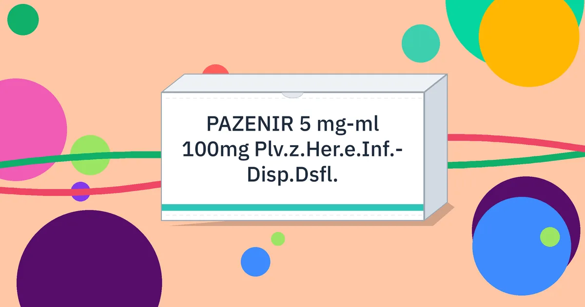 Symbolbild: Packung mit der Aufschrift PAZENIR 5 mg-ml 100mg Plv.z.Her.e.Inf.-Disp.Dsfl. (PZN 17919701) – Verfügbarkeit und Bezug in Apotheken in Frankfurt am Main