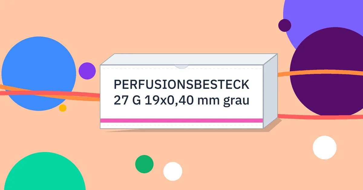 Symbolbild: Packung mit der Aufschrift PERFUSIONSBESTECK 27 G 19x0,40 mm grau (PZN 13846678) – Verfügbarkeit und Bezug in Apotheken in Frankfurt am Main