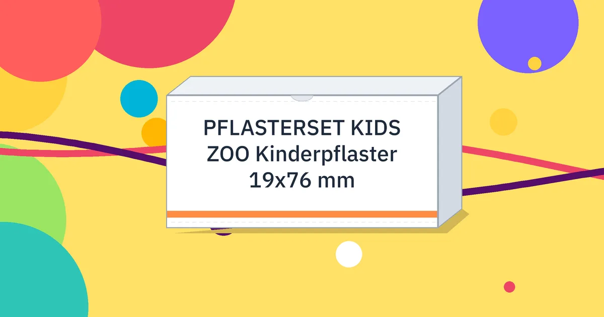 Symbolbild: Packung mit der Aufschrift PFLASTERSET KIDS ZOO Kinderpflaster 19x76 mm (PZN 13598022) – Verfügbarkeit und Bezug in Apotheken in Frankfurt am Main
