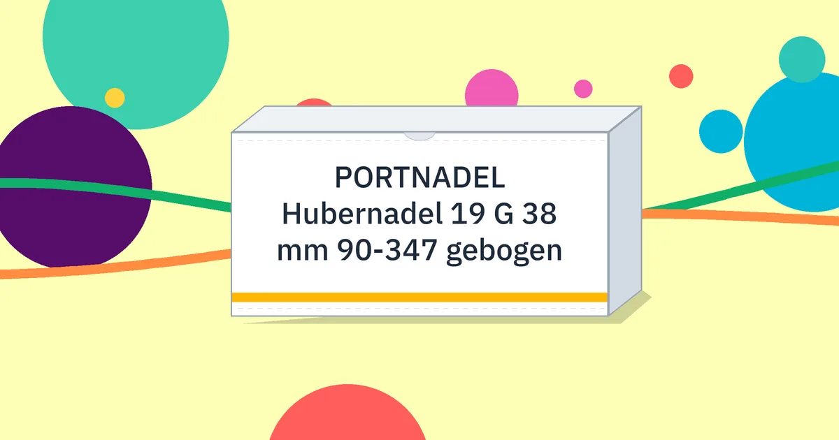 Symbolbild: Packung mit der Aufschrift PORTNADEL Hubernadel 19 G 38 mm 90-347 gebogen (PZN 02756736) – Verfügbarkeit und Bezug in Apotheken in Frankfurt am Main