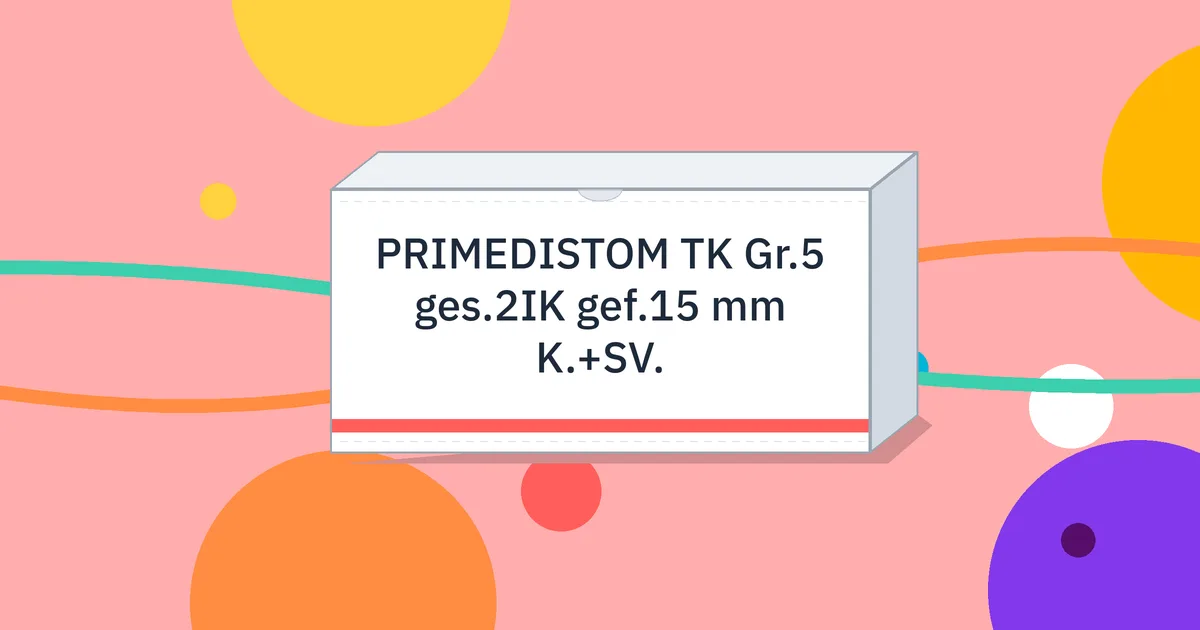 Symbolbild: Packung mit der Aufschrift PRIMEDISTOM TK Gr.5 ges.2IK gef.15 mm K.+SV. (PZN 10928217) – Verfügbarkeit und Bezug in Apotheken in Frankfurt am Main