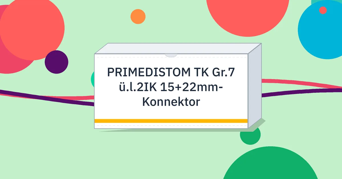 Symbolbild: Packung mit der Aufschrift PRIMEDISTOM TK Gr.7 ü.l.2IK 15+22mm-Konnektor (PZN 10928111) – Verfügbarkeit und Bezug in Apotheken in Frankfurt am Main