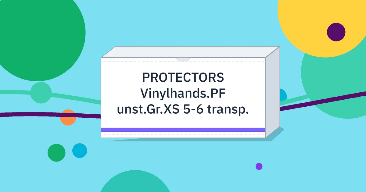 Symbolbild: Packung mit der Aufschrift PROTECTORS Vinylhands.PF unst.Gr.XS 5-6 transp. (PZN 04689369) – Verfügbarkeit und Bezug in Apotheken in Frankfurt am Main