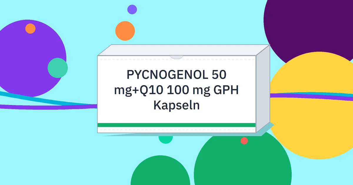 Symbolbild: Packung mit der Aufschrift PYCNOGENOL 50 mg+Q10 100 mg GPH Kapseln (PZN 01161053) – Verfügbarkeit und Bezug in Apotheken in Frankfurt am Main