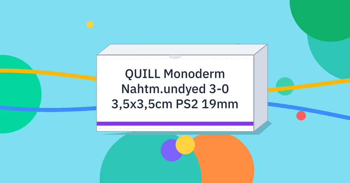 Symbolbild: Packung mit der Aufschrift QUILL Monoderm Nahtm.undyed 3-0 3,5x3,5cm PS2 19mm (PZN 17988688) – Verfügbarkeit und Bezug in Apotheken in Frankfurt am Main
