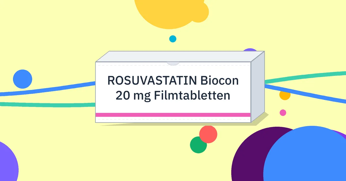 Symbolbild: Packung mit der Aufschrift ROSUVASTATIN Biocon 20 mg Filmtabletten (PZN 17857696) – Verfügbarkeit und Bezug in Apotheken in Frankfurt am Main