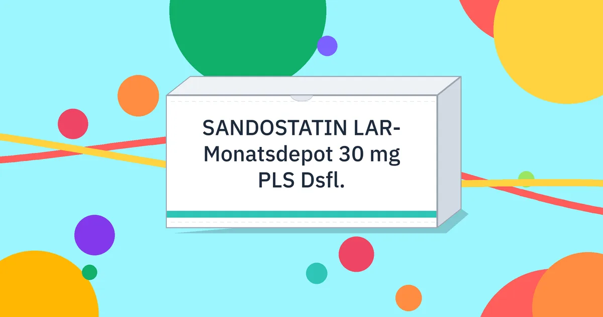 Symbolbild: Packung mit der Aufschrift SANDOSTATIN LAR-Monatsdepot 30 mg PLS Dsfl. (PZN 11027396) – Verfügbarkeit und Bezug in Apotheken in Frankfurt am Main