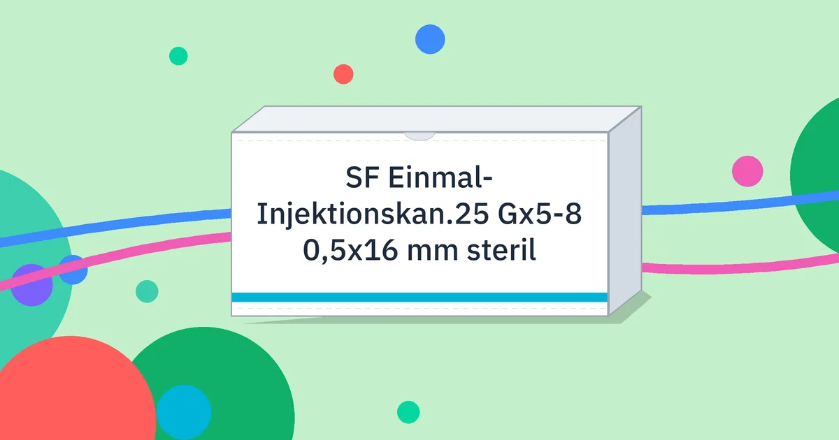 Symbolbild: Packung mit der Aufschrift SF Einmal-Injektionskan.25 Gx5-8 0,5x16 mm steril (PZN 17280819) – Verfügbarkeit und Bezug in Apotheken in Frankfurt am Main