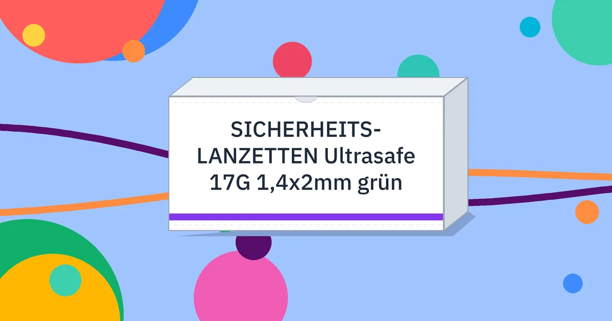 Symbolbild: Packung mit der Aufschrift SICHERHEITS-LANZETTEN Ultrasafe 17G 1,4x2mm grün (PZN 19264782) – Verfügbarkeit und Bezug in Apotheken in Frankfurt am Main