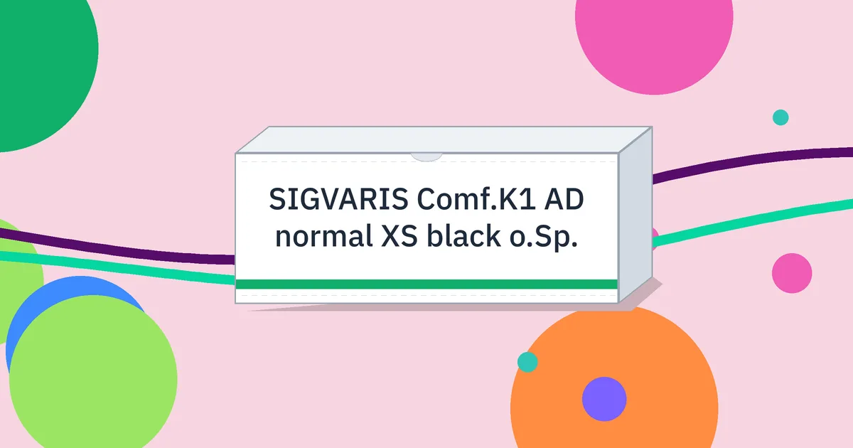 Symbolbild: Packung mit der Aufschrift SIGVARIS Comf.K1 AD normal XS black o.Sp. (PZN 17041339) – Verfügbarkeit und Bezug in Apotheken in Frankfurt am Main