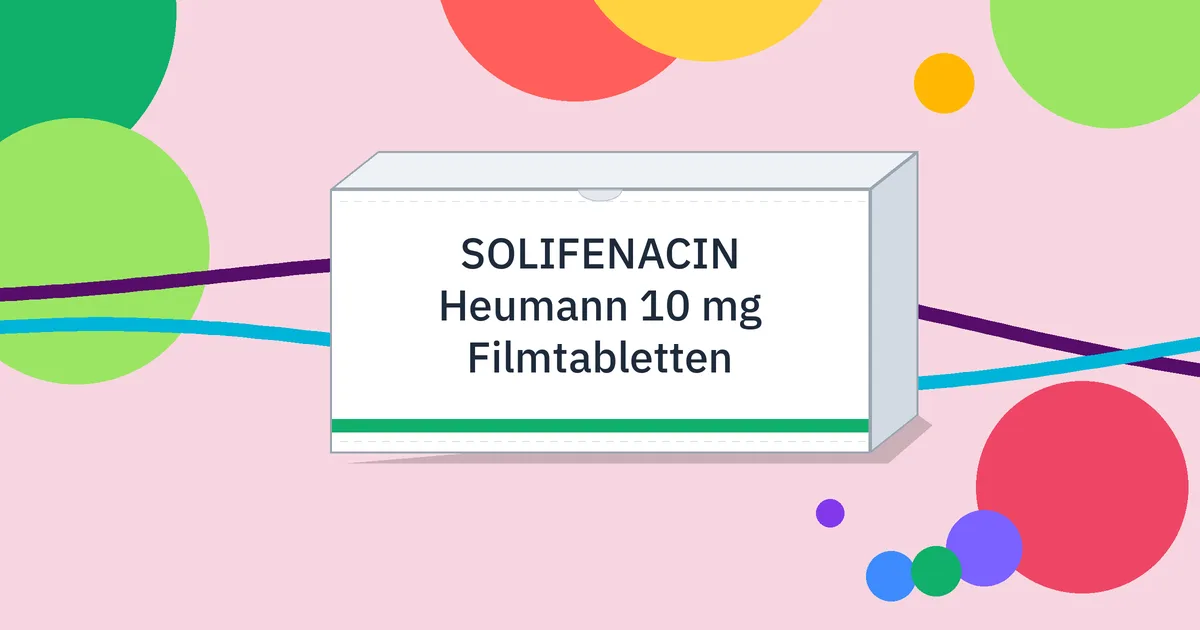 Symbolbild: Packung mit der Aufschrift SOLIFENACIN Heumann 10 mg Filmtabletten (PZN 20315415) – Verfügbarkeit und Bezug in Apotheken in Frankfurt am Main