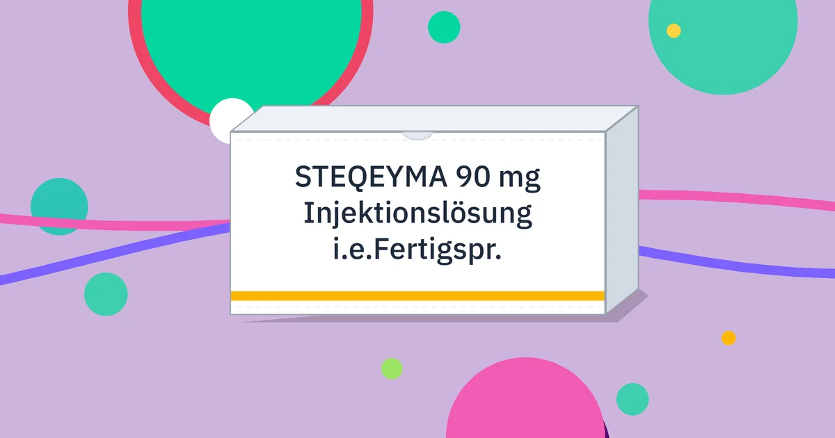Symbolbild: Packung mit der Aufschrift STEQEYMA 90 mg Injektionslösung i.e.Fertigspr. (PZN 20104397) – Verfügbarkeit und Bezug in Apotheken in Frankfurt am Main