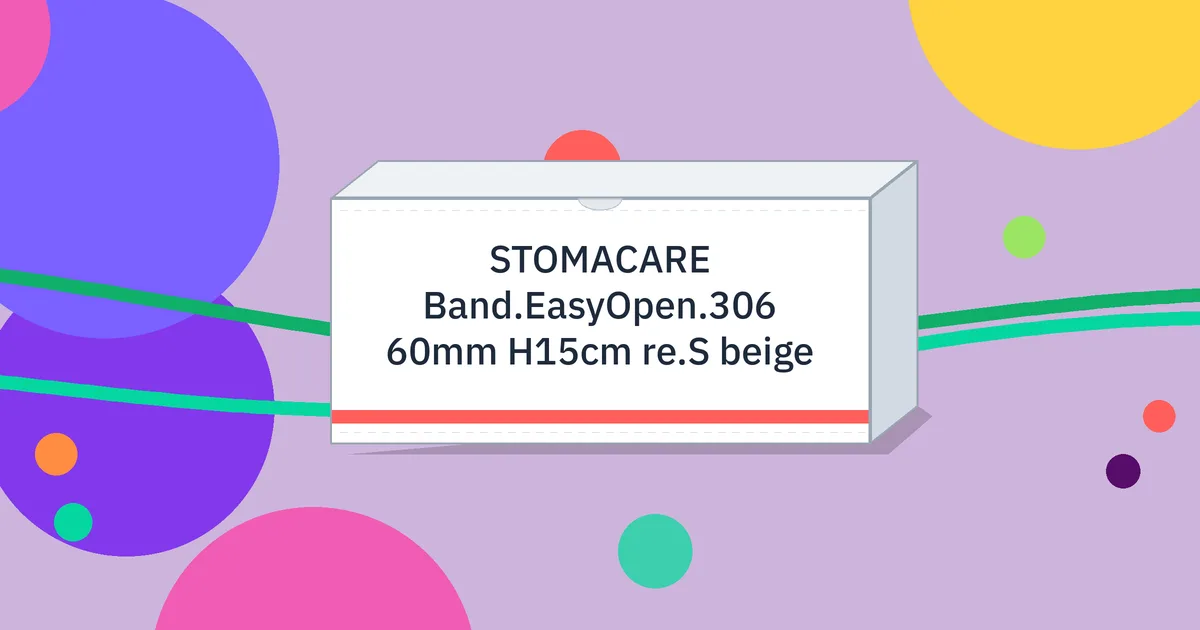 Symbolbild: Packung mit der Aufschrift STOMACARE Band.EasyOpen.306 60mm H15cm re.S beige (PZN 09109230) – Verfügbarkeit und Bezug in Apotheken in Frankfurt am Main