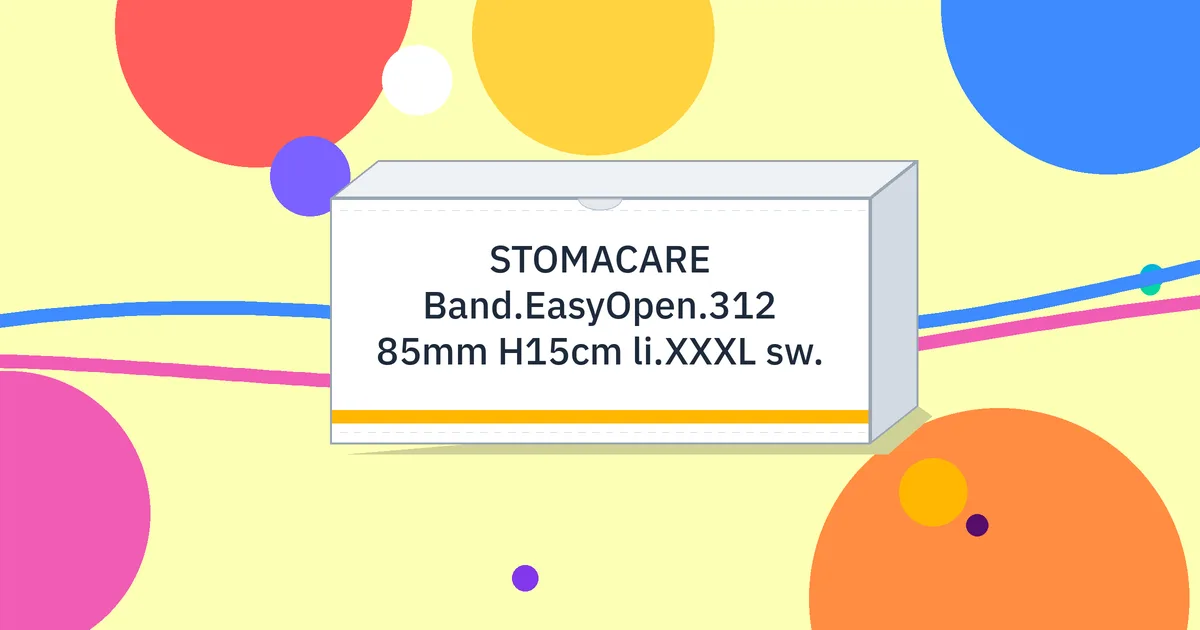 Symbolbild: Packung mit der Aufschrift STOMACARE Band.EasyOpen.312 85mm H15cm li.XXXL sw. (PZN 09438040) – Verfügbarkeit und Bezug in Apotheken in Frankfurt am Main