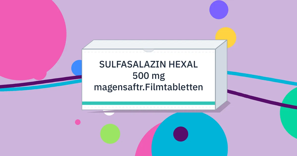 Symbolbild: Packung mit der Aufschrift SULFASALAZIN HEXAL 500 mg magensaftr.Filmtabletten (PZN 03440633) – Verfügbarkeit und Bezug in Apotheken in Frankfurt am Main
