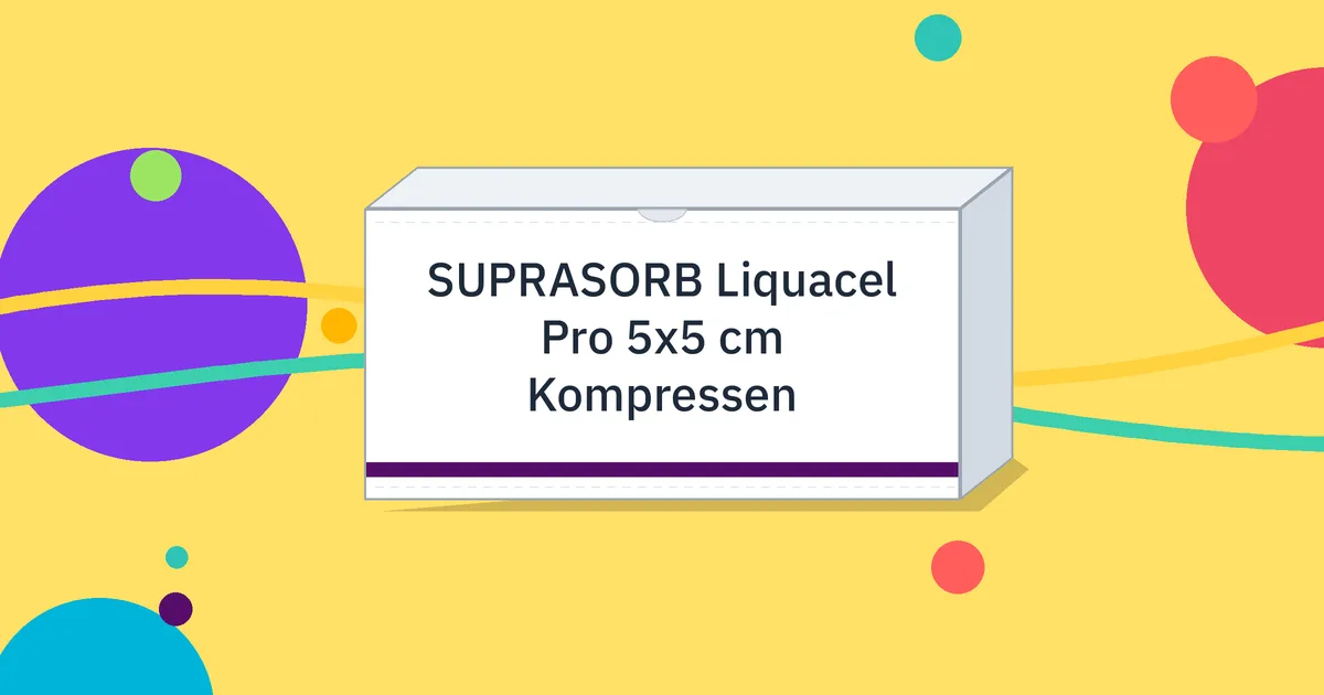 Symbolbild: Packung mit der Aufschrift SUPRASORB Liquacel Pro 5x5 cm Kompressen (PZN 19452756) – Verfügbarkeit und Bezug in Apotheken in Frankfurt am Main