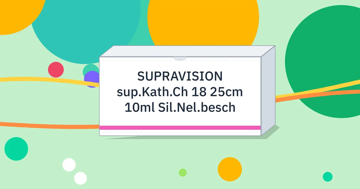 Symbolbild: Packung mit der Aufschrift SUPRAVISION sup.Kath.Ch 18 25cm 10ml Sil.Nel.besch (PZN 18306099) – Verfügbarkeit und Bezug in Apotheken in Frankfurt am Main