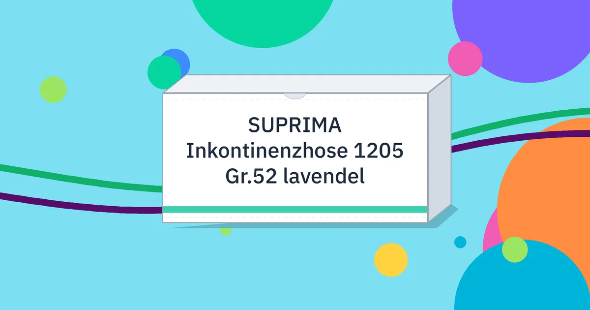Symbolbild: Packung mit der Aufschrift SUPRIMA Inkontinenzhose 1205 Gr.52 lavendel (PZN 01634304) – Verfügbarkeit und Bezug in Apotheken in Frankfurt am Main