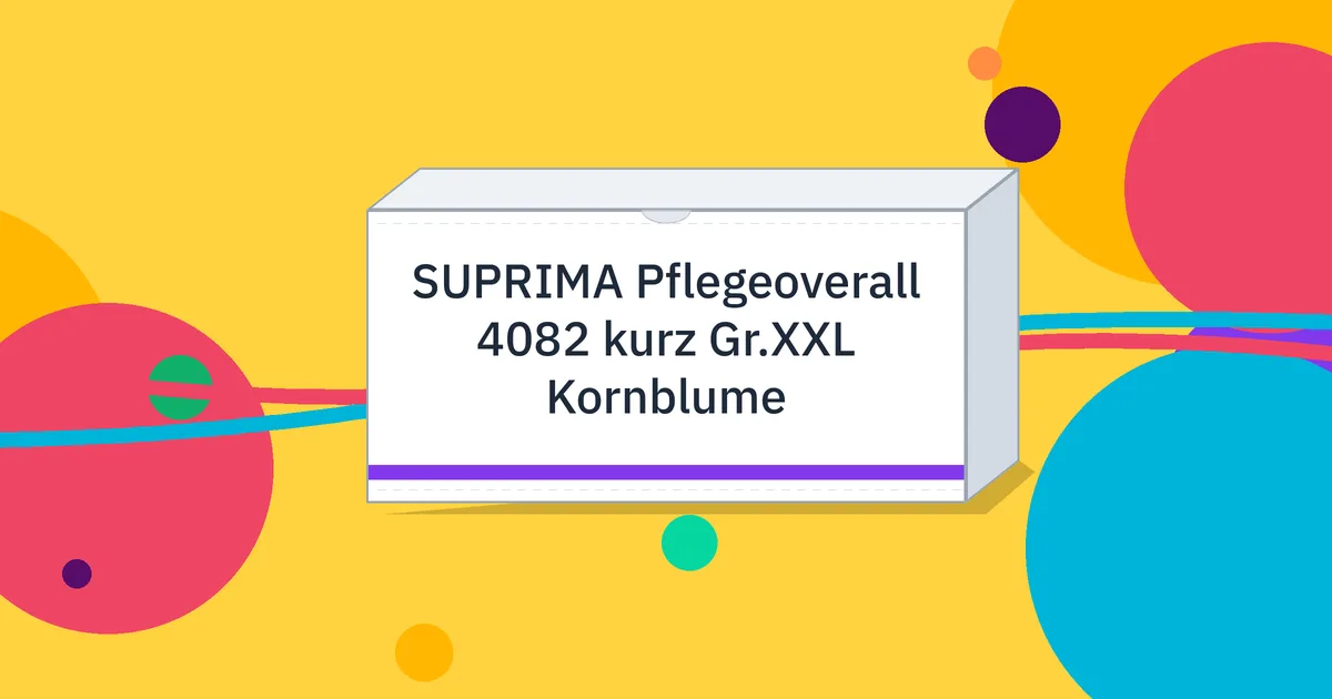 Symbolbild: Packung mit der Aufschrift SUPRIMA Pflegeoverall 4082 kurz Gr.XXL Kornblume (PZN 11659883) – Verfügbarkeit und Bezug in Apotheken in Frankfurt am Main