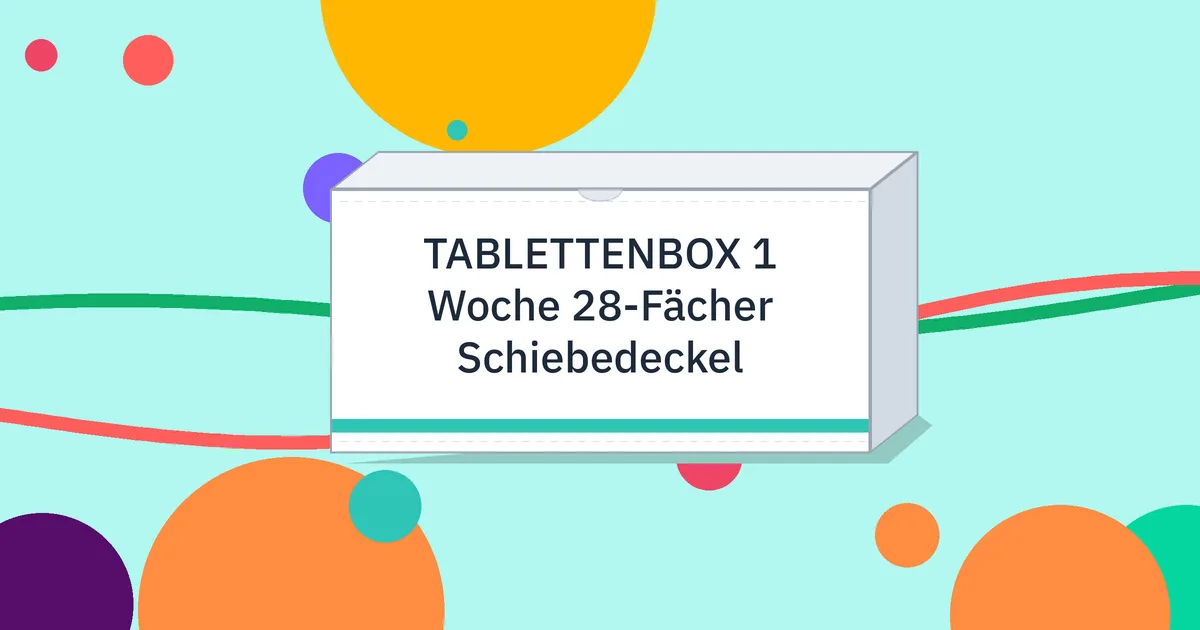 Symbolbild: Packung mit der Aufschrift TABLETTENBOX 1 Woche 28-Fächer Schiebedeckel (PZN 02695242) – Verfügbarkeit und Bezug in Apotheken in Frankfurt am Main