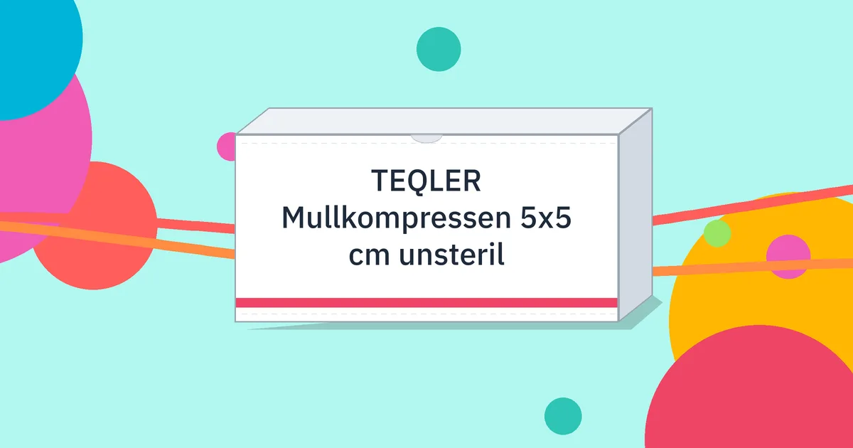Symbolbild: Packung mit der Aufschrift TEQLER Mullkompressen 5x5 cm unsteril (PZN 17526700) – Verfügbarkeit und Bezug in Apotheken in Frankfurt am Main
