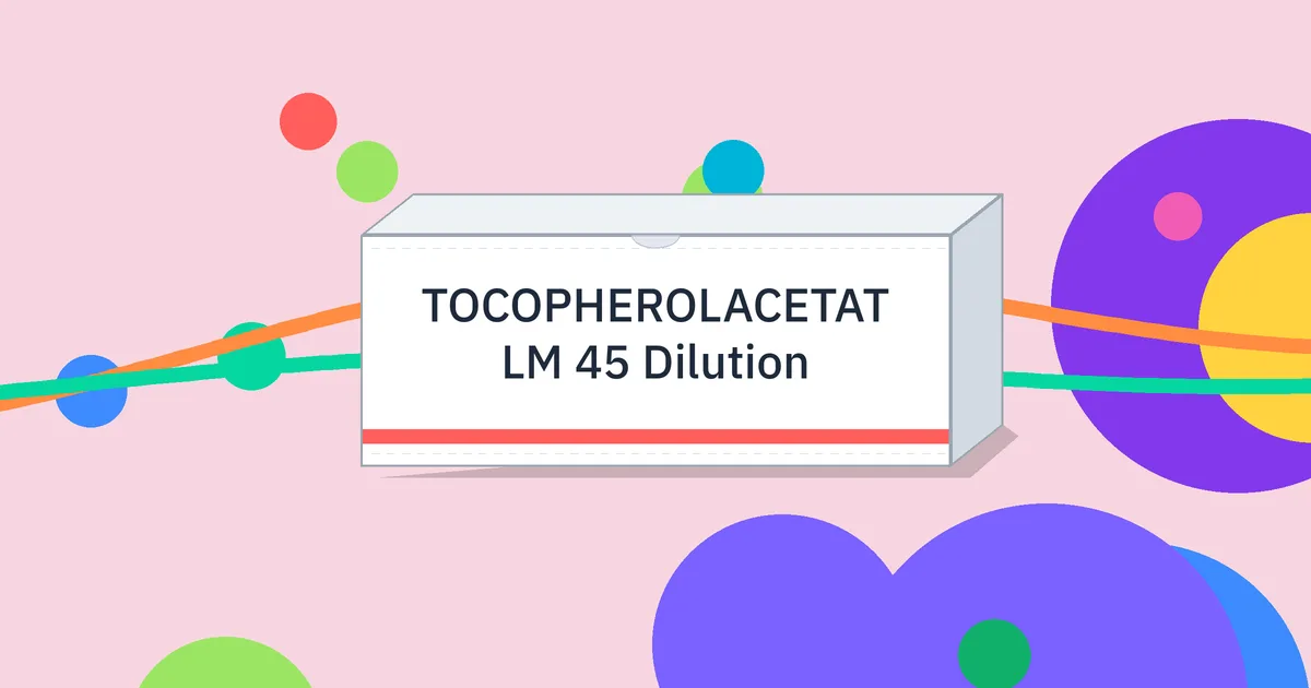 Symbolbild: Packung mit der Aufschrift TOCOPHEROLACETAT LM 45 Dilution (PZN 13225048) – Verfügbarkeit und Bezug in Apotheken in Frankfurt am Main