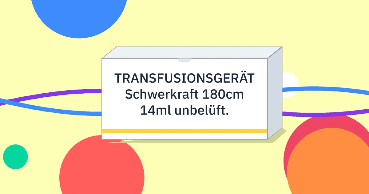 Symbolbild: Packung mit der Aufschrift TRANSFUSIONSGERÄT Schwerkraft 180cm 14ml unbelüft. (PZN 18837158) – Verfügbarkeit und Bezug in Apotheken in Frankfurt am Main