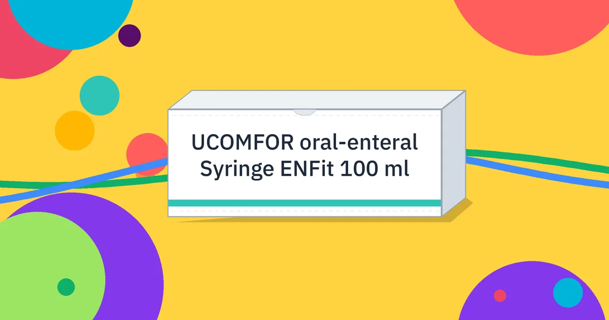Symbolbild: Packung mit der Aufschrift UCOMFOR oral-enteral Syringe ENFit 100 ml (PZN 16836806) – Verfügbarkeit und Bezug in Apotheken in Frankfurt am Main