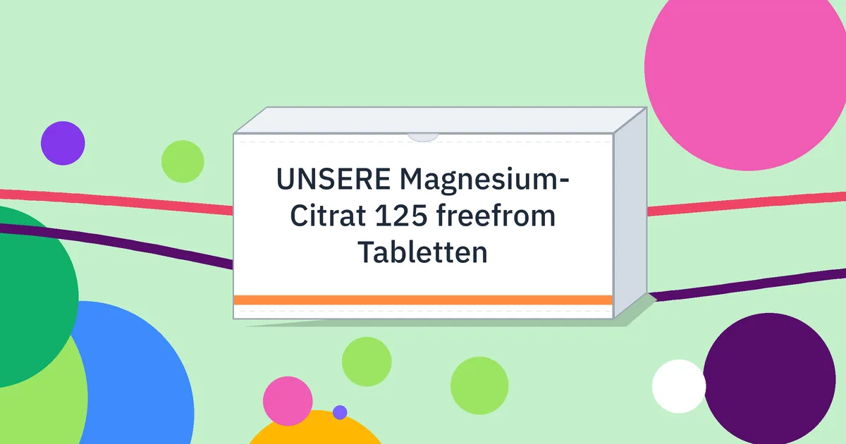 Symbolbild: Packung mit der Aufschrift UNSERE Magnesium-Citrat 125 freefrom Tabletten (PZN 12899922) – Verfügbarkeit und Bezug in Apotheken in Frankfurt am Main