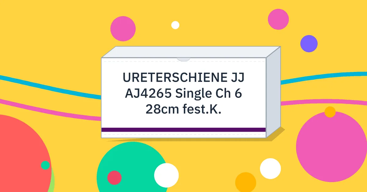 Symbolbild: Packung mit der Aufschrift URETERSCHIENE JJ AJ4265 Single Ch 6 28cm fest.K. (PZN 00753018) – Verfügbarkeit und Bezug in Apotheken in Frankfurt am Main