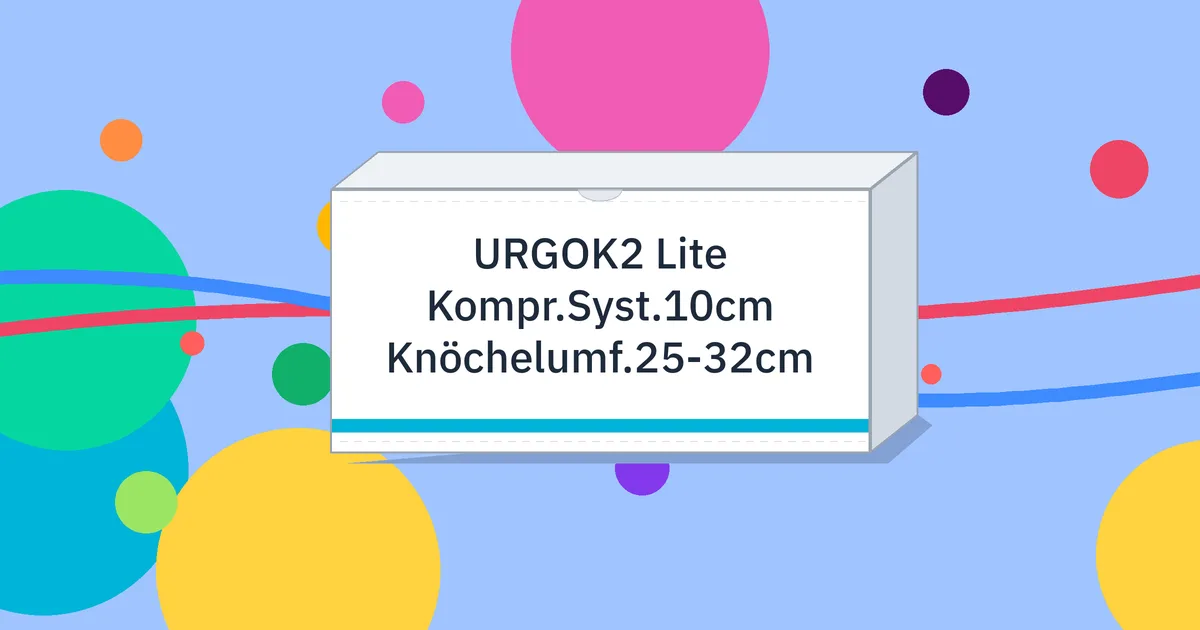 Symbolbild: Packung mit der Aufschrift URGOK2 Lite Kompr.Syst.10cm Knöchelumf.25-32cm (PZN 08464176) – Verfügbarkeit und Bezug in Apotheken in Frankfurt am Main