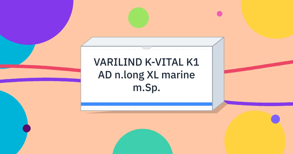 Symbolbild: Packung mit der Aufschrift VARILIND K-VITAL K1 AD n.long XL marine m.Sp. (PZN 20566270) – Verfügbarkeit und Bezug in Apotheken in Frankfurt am Main