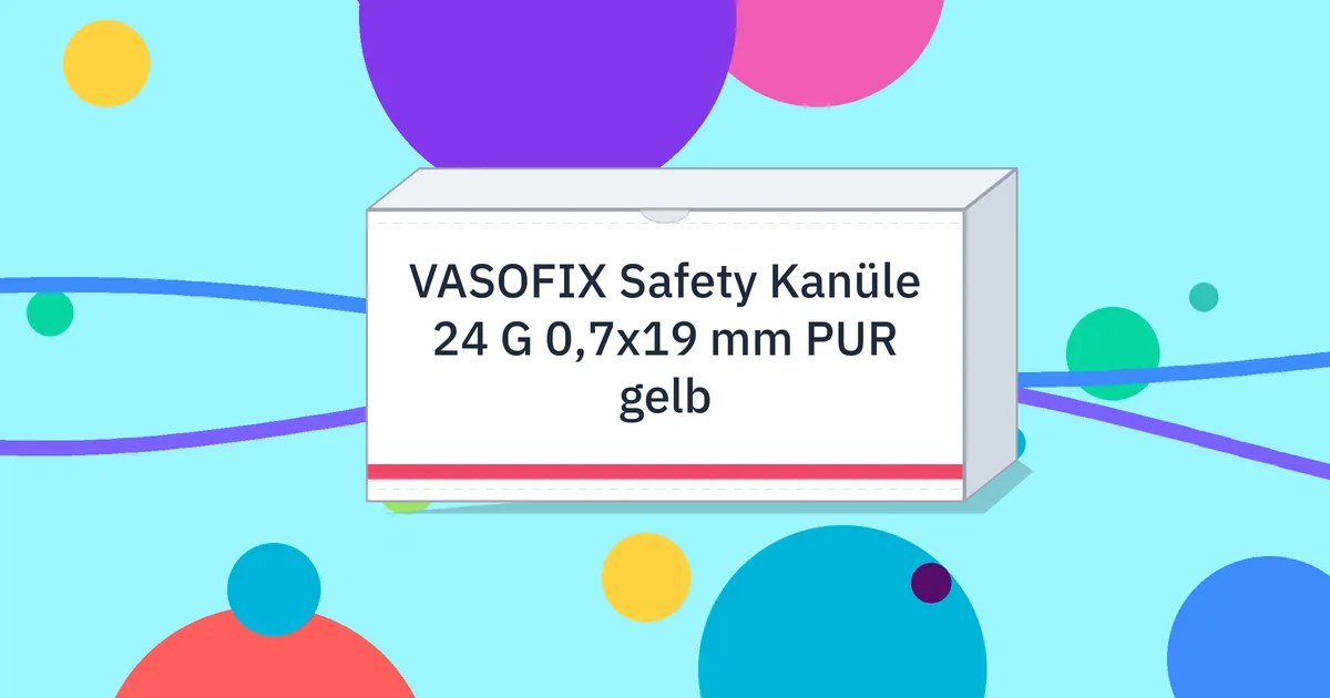 Symbolbild: Packung mit der Aufschrift VASOFIX Safety Kanüle 24 G 0,7x19 mm PUR gelb (PZN 05132456) – Verfügbarkeit und Bezug in Apotheken in Frankfurt am Main