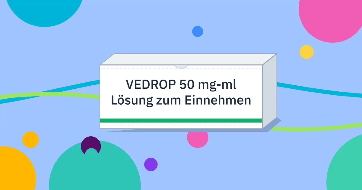 Symbolbild: Packung mit der Aufschrift VEDROP 50 mg-ml Lösung zum Einnehmen (PZN 05387067) – Verfügbarkeit und Bezug in Apotheken in Frankfurt am Main