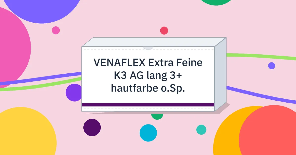 Symbolbild: Packung mit der Aufschrift VENAFLEX Extra Feine K3 AG lang 3+ hautfarbe o.Sp. (PZN 18308514) – Verfügbarkeit und Bezug in Apotheken in Frankfurt am Main