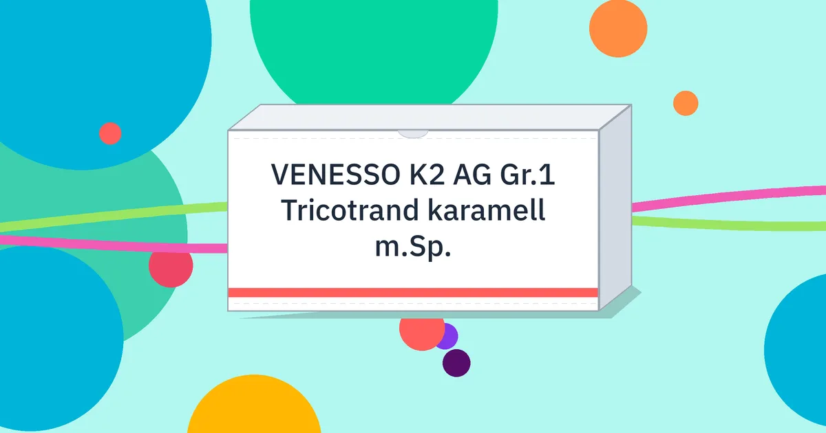 Symbolbild: Packung mit der Aufschrift VENESSO K2 AG Gr.1 Tricotrand karamell m.Sp. (PZN 13762941) – Verfügbarkeit und Bezug in Apotheken in Frankfurt am Main