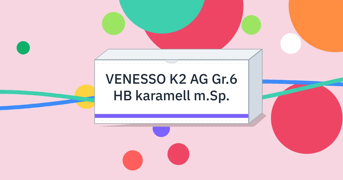 Symbolbild: Packung mit der Aufschrift VENESSO K2 AG Gr.6 HB karamell m.Sp. (PZN 13758253) – Verfügbarkeit und Bezug in Apotheken in Frankfurt am Main