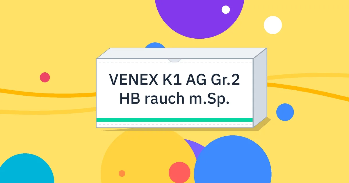 Symbolbild: Packung mit der Aufschrift VENEX K1 AG Gr.2 HB rauch m.Sp. (PZN 03190372) – Verfügbarkeit und Bezug in Apotheken in Frankfurt am Main