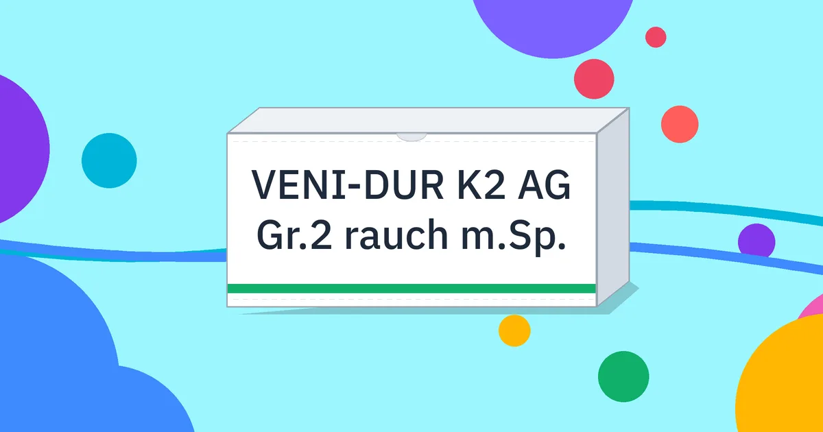 Symbolbild: Packung mit der Aufschrift VENI-DUR K2 AG Gr.2 rauch m.Sp. (PZN 08685138) – Verfügbarkeit und Bezug in Apotheken in Frankfurt am Main