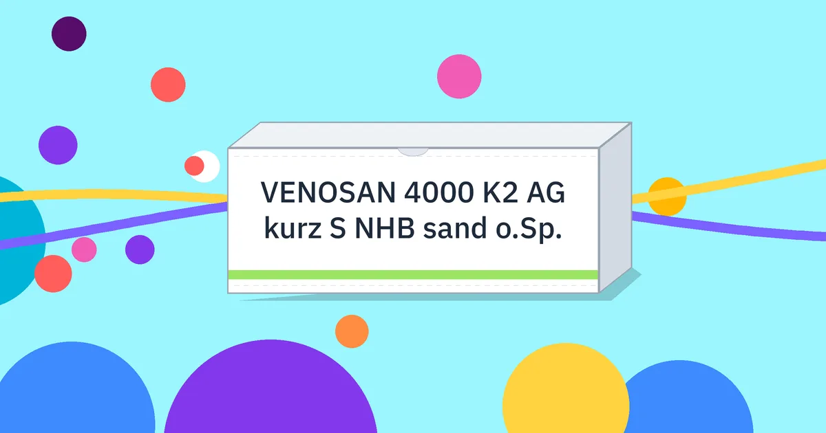 Symbolbild: Packung mit der Aufschrift VENOSAN 4000 K2 AG kurz S NHB sand o.Sp. (PZN 14422816) – Verfügbarkeit und Bezug in Apotheken in Frankfurt am Main
