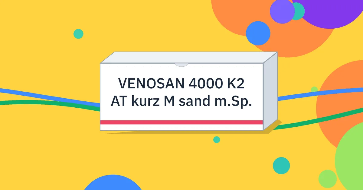 Symbolbild: Packung mit der Aufschrift VENOSAN 4000 K2 AT kurz M sand m.Sp. (PZN 14422561) – Verfügbarkeit und Bezug in Apotheken in Frankfurt am Main