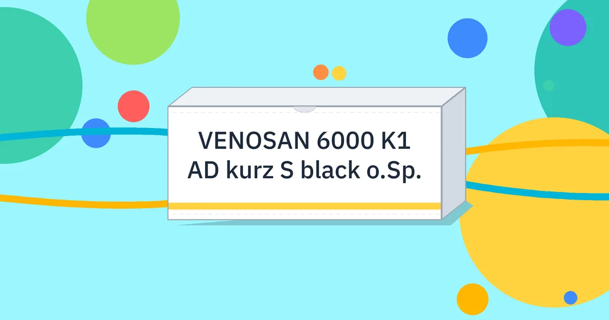 Symbolbild: Packung mit der Aufschrift VENOSAN 6000 K1 AD kurz S black o.Sp. (PZN 17171266) – Verfügbarkeit und Bezug in Apotheken in Frankfurt am Main