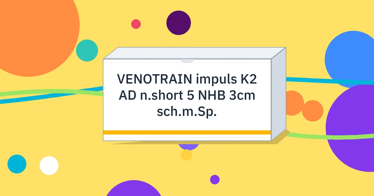 Symbolbild: Packung mit der Aufschrift VENOTRAIN impuls K2 AD n.short 5 NHB 3cm sch.m.Sp. (PZN 00651128) – Verfügbarkeit und Bezug in Apotheken in Frankfurt am Main