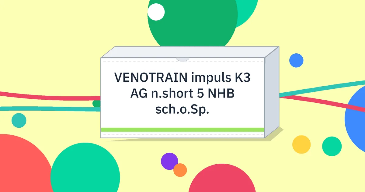 Symbolbild: Packung mit der Aufschrift VENOTRAIN impuls K3 AG n.short 5 NHB sch.o.Sp. (PZN 00538679) – Verfügbarkeit und Bezug in Apotheken in Frankfurt am Main