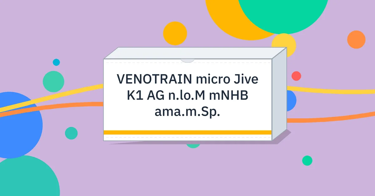 Symbolbild: Packung mit der Aufschrift VENOTRAIN micro Jive K1 AG n.lo.M mNHB ama.m.Sp. (PZN 17759485) – Verfügbarkeit und Bezug in Apotheken in Frankfurt am Main